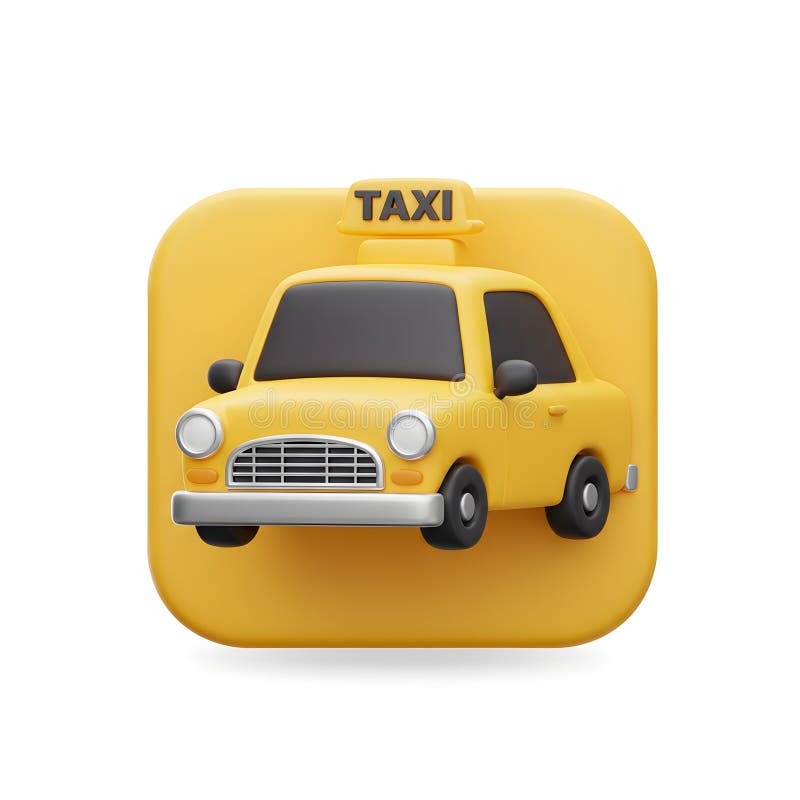 3D Render of Yellow Taxi Cab Icon on Square Button, Transportation App ...