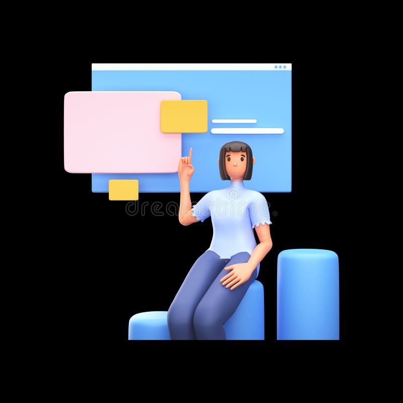 3D Render of Young Woman Sitting at Bar Graph and Websites on Black ...