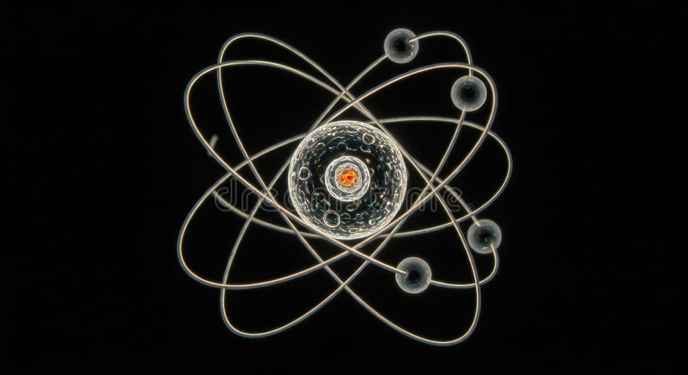 3D Rendered Atomic Structure with Orbiting Electrons on Black ...