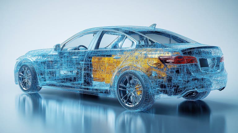 3D Rendered Blue Car Design Concept with Visible Engineering Composite ...