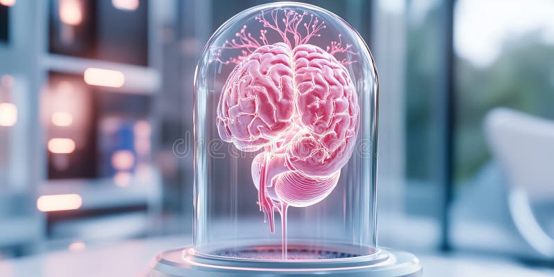 3D Rendered Brain Illuminated in Glass Dome Demonstrating Advanced ...