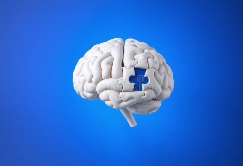 3D-rendered Brain with Puzzle Piece Missing on Blue Background ...