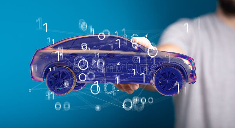 3D Rendered Car Icon Hovering in Mans Hand Stock Illustration ...