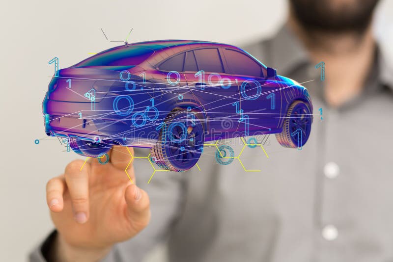 3D Rendered Car Icon Hovering in Mans Hand Stock Illustration ...