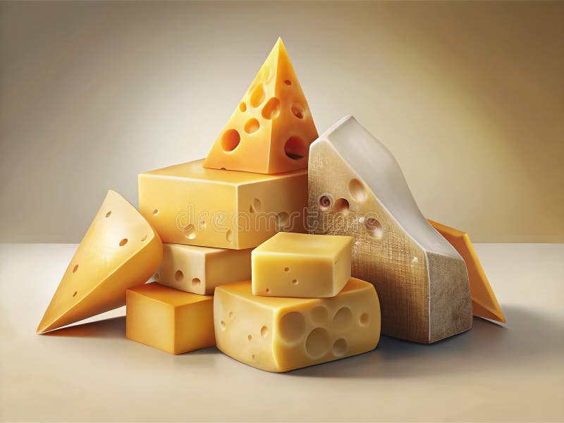 3D Rendered Cheese Slices Realistic Triangular Cubed and Chunky Cuts ...