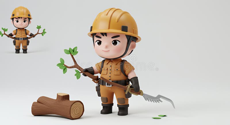 3D Rendered Chibi Korean Arborist with Tools Isolated on White ...