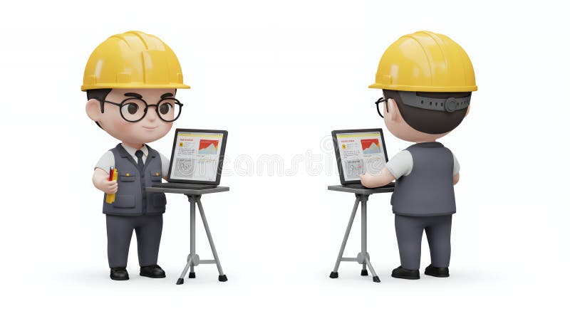 3D Rendered Chibi Korean Electrical Engineer Presenting Data on Laptop ...