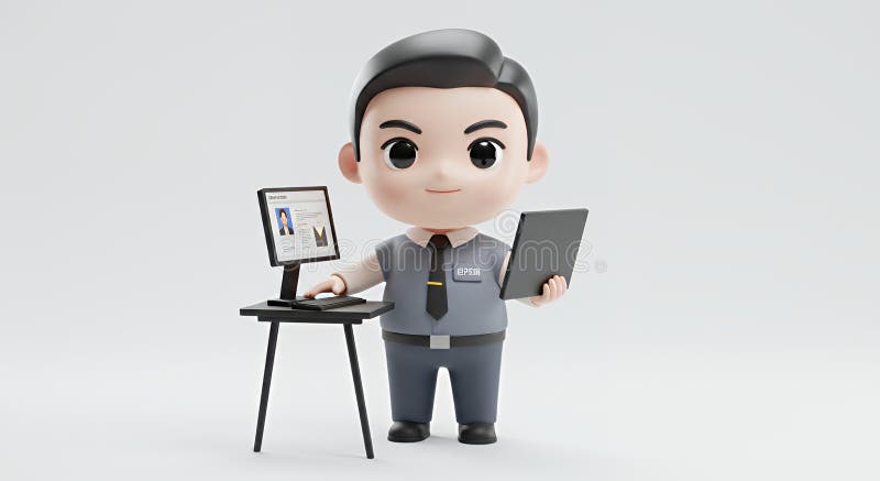 3D Rendered Chibi Korean Network Engineer at Desk Using Tablet and ...