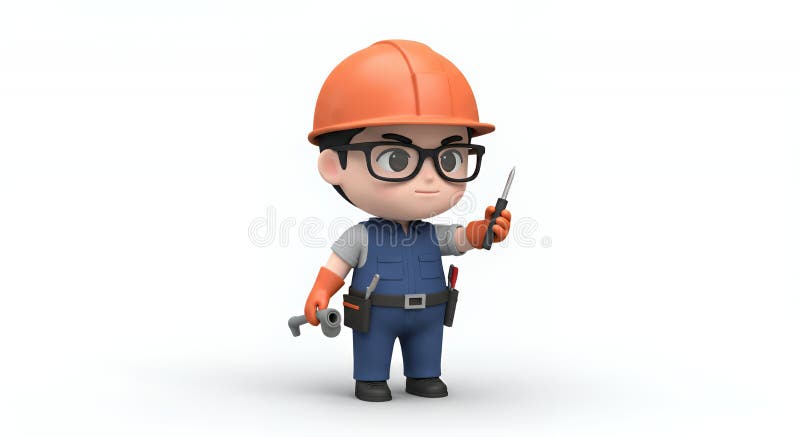 3D Rendered Chibi Korean Roofer in Blue Overalls and Orange Hard Hat ...