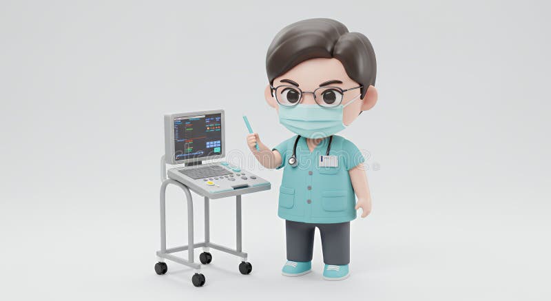 3D Rendered Chibi Korean Ultrasound Technician with Machine Isolated on ...
