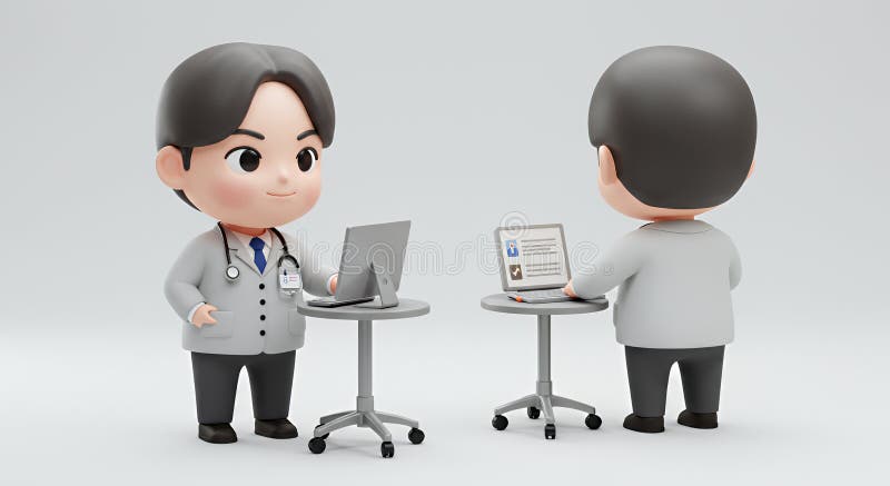 3D Rendered Chibi Male Geriatric Care Manager Using Laptop and Tablet ...
