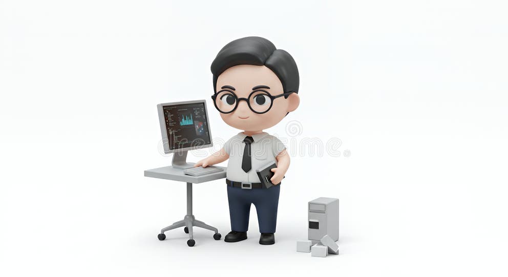 Friendly Chibi Korean Computer Technician 3D Render Isolated on White ...