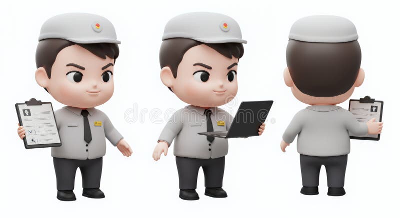 Chibi Korean Hotel Manager 3D Render: Multiple Angle View of Cartoon ...