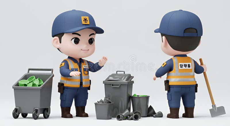 Chibi Korean Garbage Collector 3D Render: Cute Cartoon Character in ...