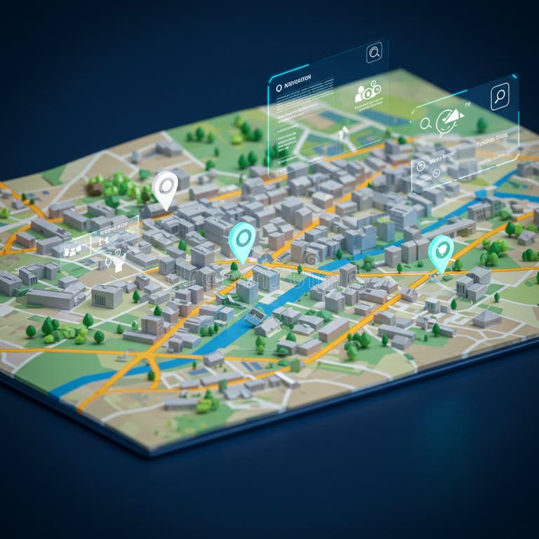 A 3D-rendered City Map Features Digital Location Icons and Transparent ...