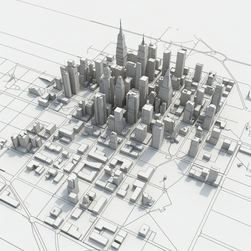 A 3D-rendered City Model in Grayscale, Showcasing a Dense Cluster of ...