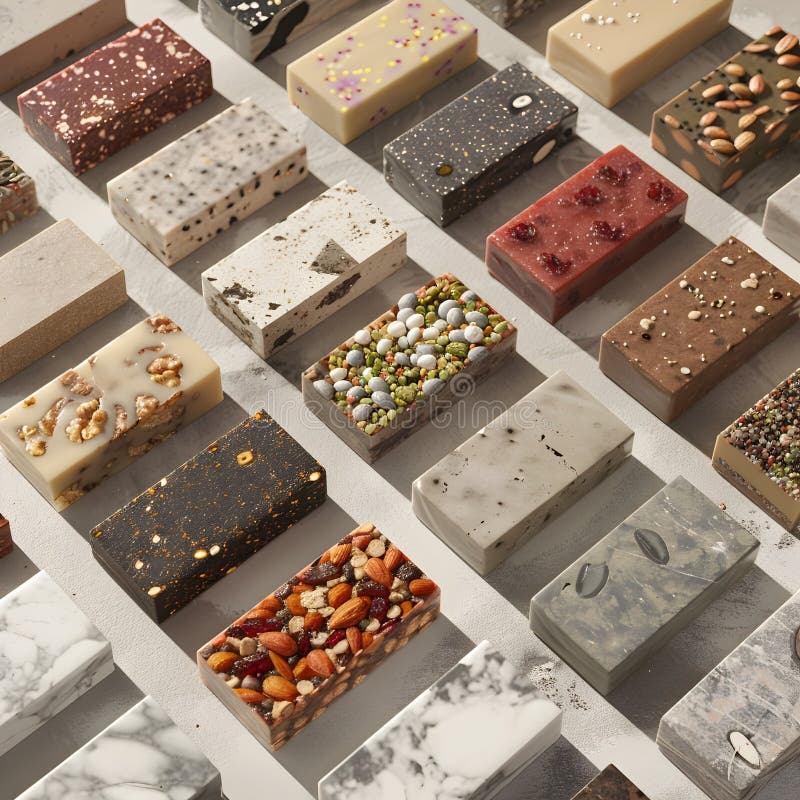 A 3D Rendered Composition of Artisanal Protein Bars in Diverse Flavors ...