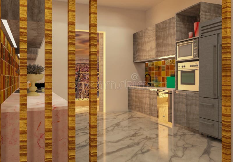 3D Rendered Contemporary Style Kitchen with Storage Unit and White ...