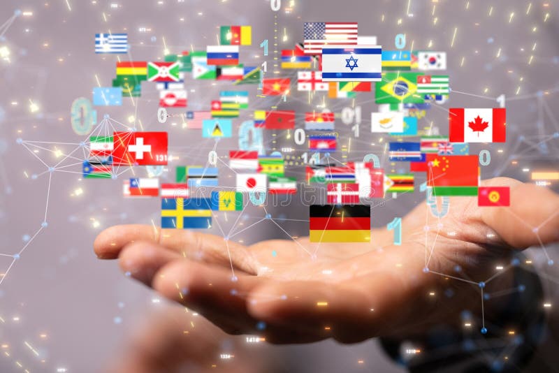 3D Rendered Country Flags Icon Hovering in Mans Hand Stock Illustration ...