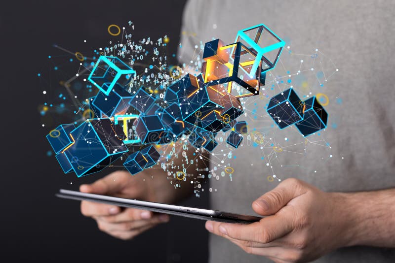 3D Rendered Cubes Hovering Over the Man S Hands Holding a Tablet. Stock ...