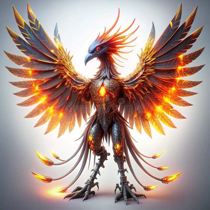 3D-rendered Cybernetic Phoenix with Glowing Feathers Stock Illustration ...