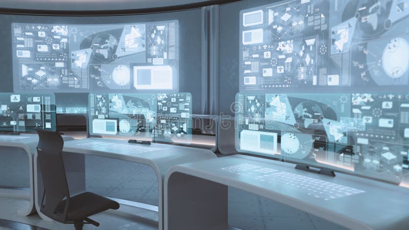 3D Rendered Empty, Modern, Futuristic Command Center Interior Stock ...