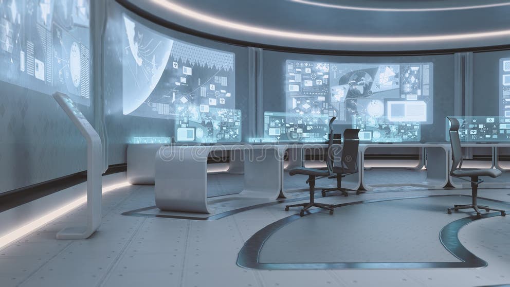 3D Rendered Empty, Modern, Futuristic Command Center Interior Stock ...