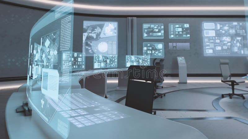 3D Rendered Empty, Modern, Futuristic Command Center Interior Stock ...