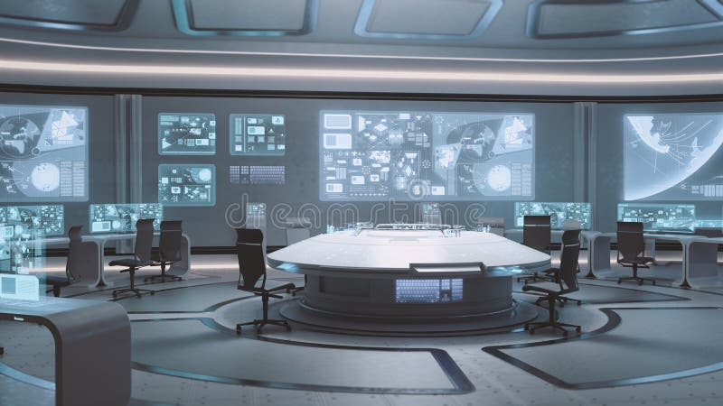 3D Rendered Empty, Modern, Futuristic Command Center Interior Stock ...