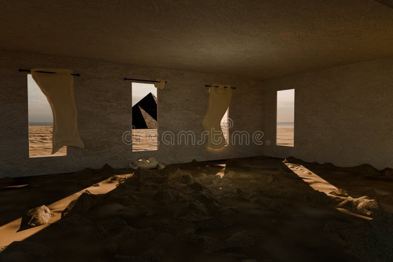 3d Rendered Empty Room with Distant Pyramids Stock Illustration ...