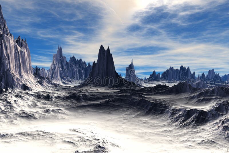 3D Rendered Fantasy Alien Planet. Rocks and Sky Stock Illustration ...