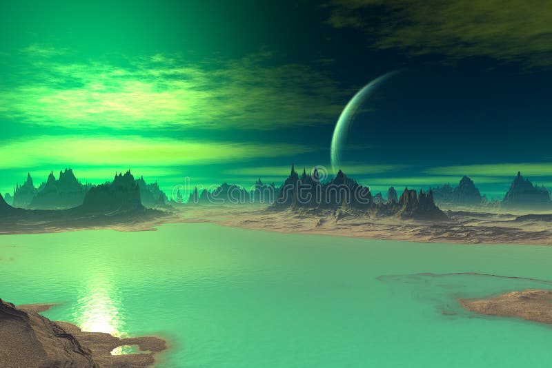 3D Rendered Fantasy Alien Planet. Rocks and Sunset Stock Illustration ...