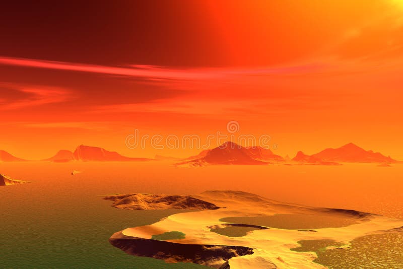 3D Rendered Fantasy Alien Planet. Rocks and Sunset Stock Illustration ...