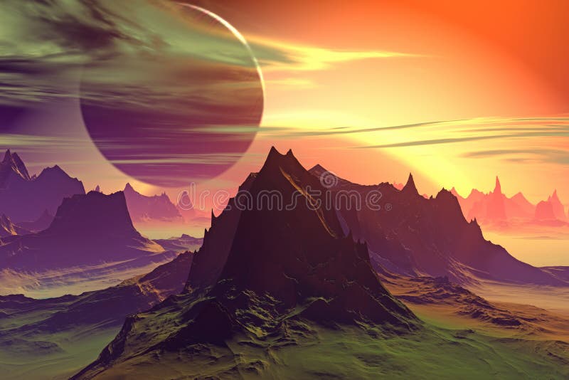 3D Rendered Fantasy Alien Planet. Rocks and Sunset Stock Illustration ...