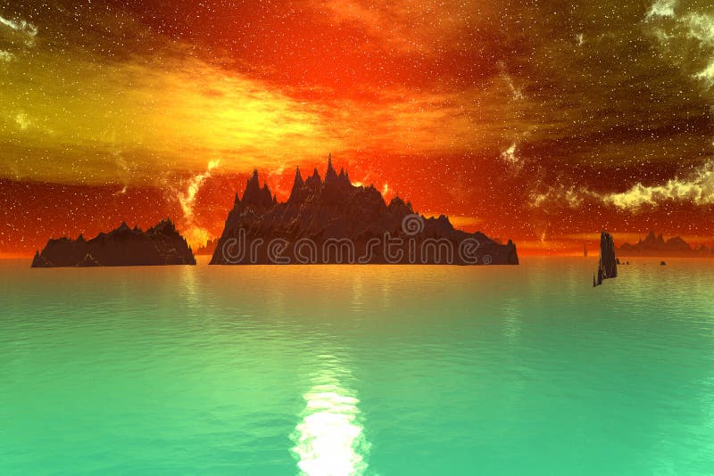 3D Rendered Fantasy Alien Planet. Sea and Sunset Stock Illustration ...