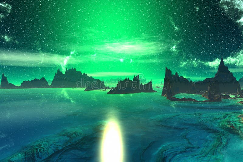 3D Rendered Fantasy Alien Planet. Sunset of a Sun Stock Illustration ...