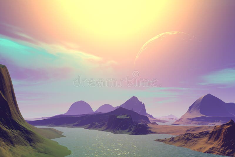3D Rendered Fantasy Alien Planet. Sunset of a Sun Stock Illustration ...