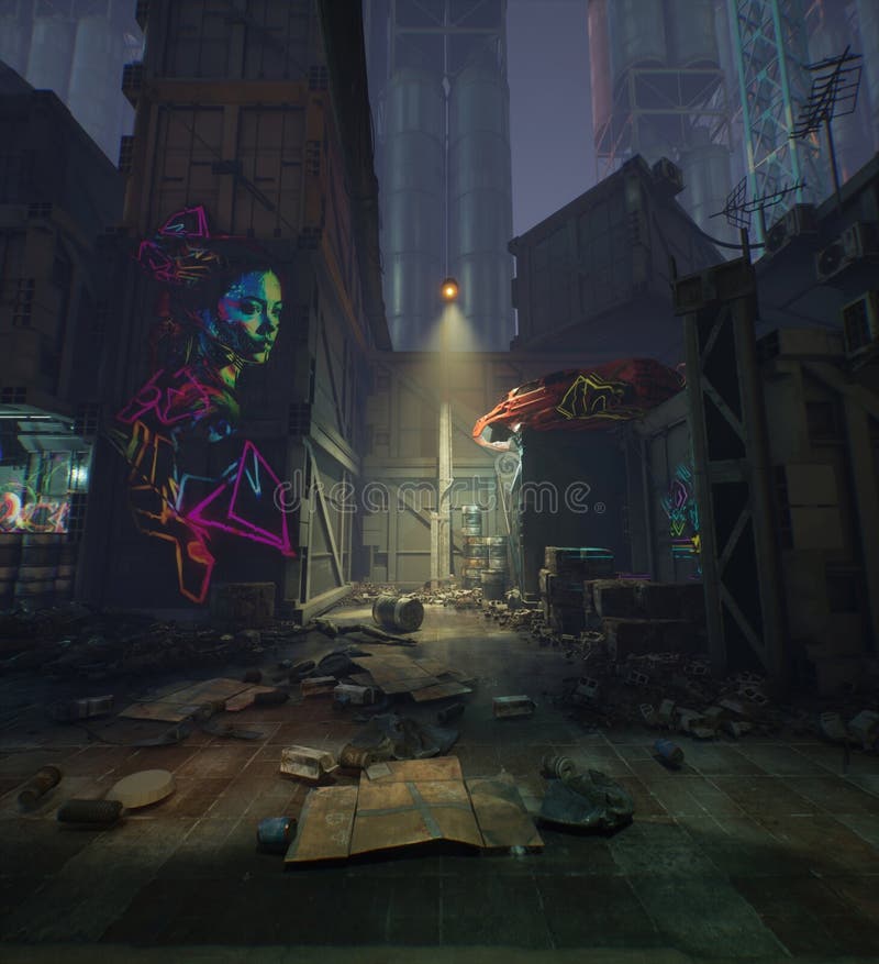 3D Rendered Fantasy Junk Yard with Graffities Stock Illustration ...