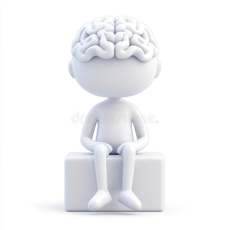 Thoughtful 3D Figure Sitting on a Cube with Visible Brain Stock ...