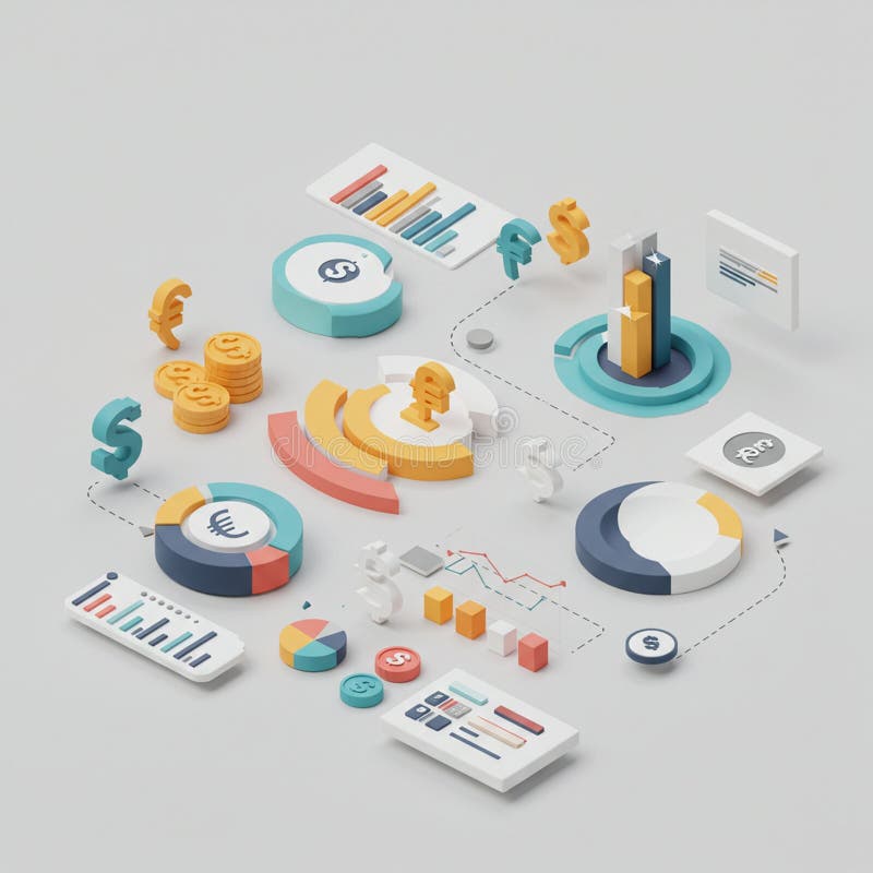 3D-rendered Financial Elements and Graphs Arranged on a Light Surface ...
