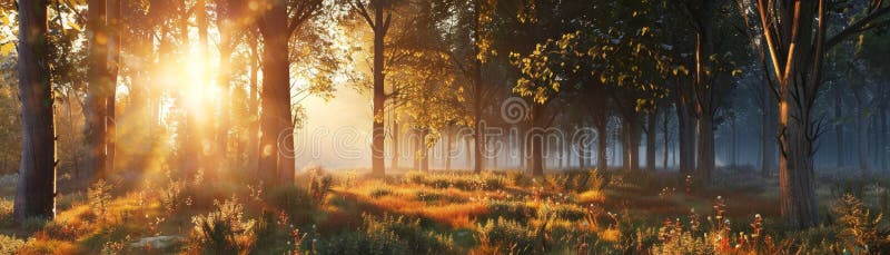 3D-Rendered Forest Clearing at Sunset with the Low Sun Stock ...