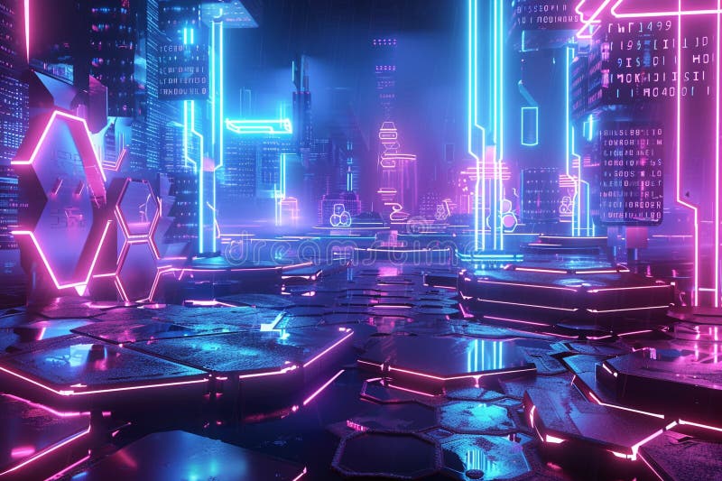 3D Rendered Futuristic Digital World Illuminated by Neon Connectivity ...