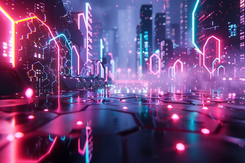 3D Rendered Futuristic Digital World Illuminated by Neon Connectivity ...