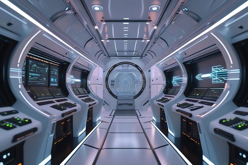A 3D-rendered Futuristic Sci-fi Hallway Interior Features a Computer ...