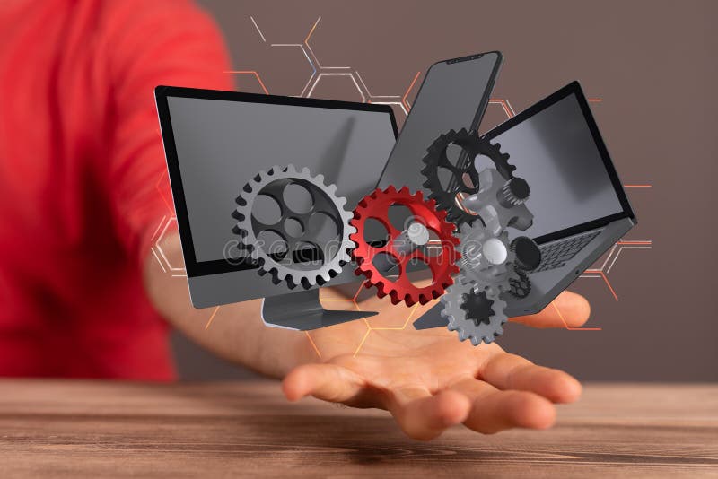 3D Rendered Gears and Computers Held in a Person S Hand Stock ...
