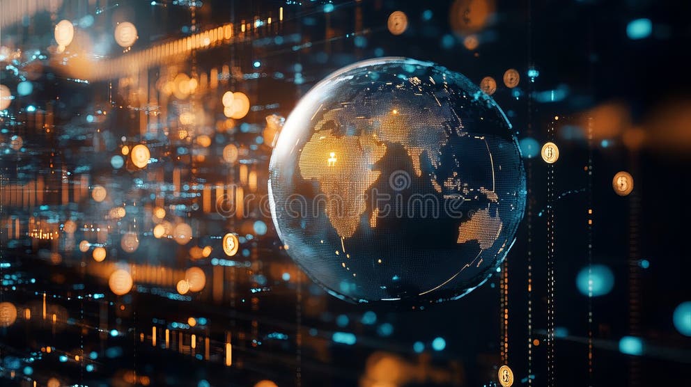 3D Rendered Globe Surrounded by Digital Data and Currency Symbols Stock ...