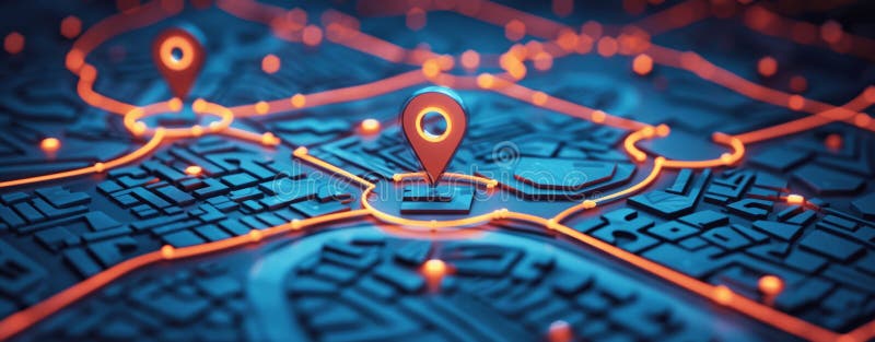 3D Rendered GPS Navigation Map with Location Pins and Route Lines Stock ...