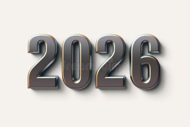 Metallic 2026 Number Graphic with Gold Trim and Shadow on White ...