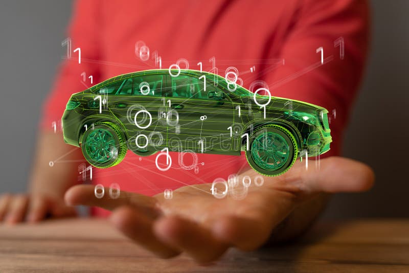 3D Rendered Hologram of a Car with Binary Numbers Hovering Over a Hand ...