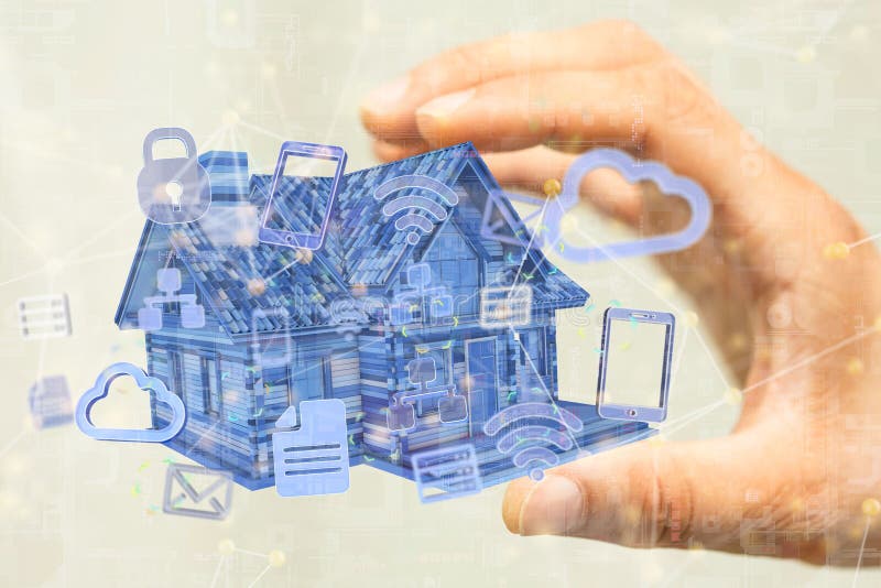 3D Rendered Home Telecommunication Hovering in Mans Hand Stock ...